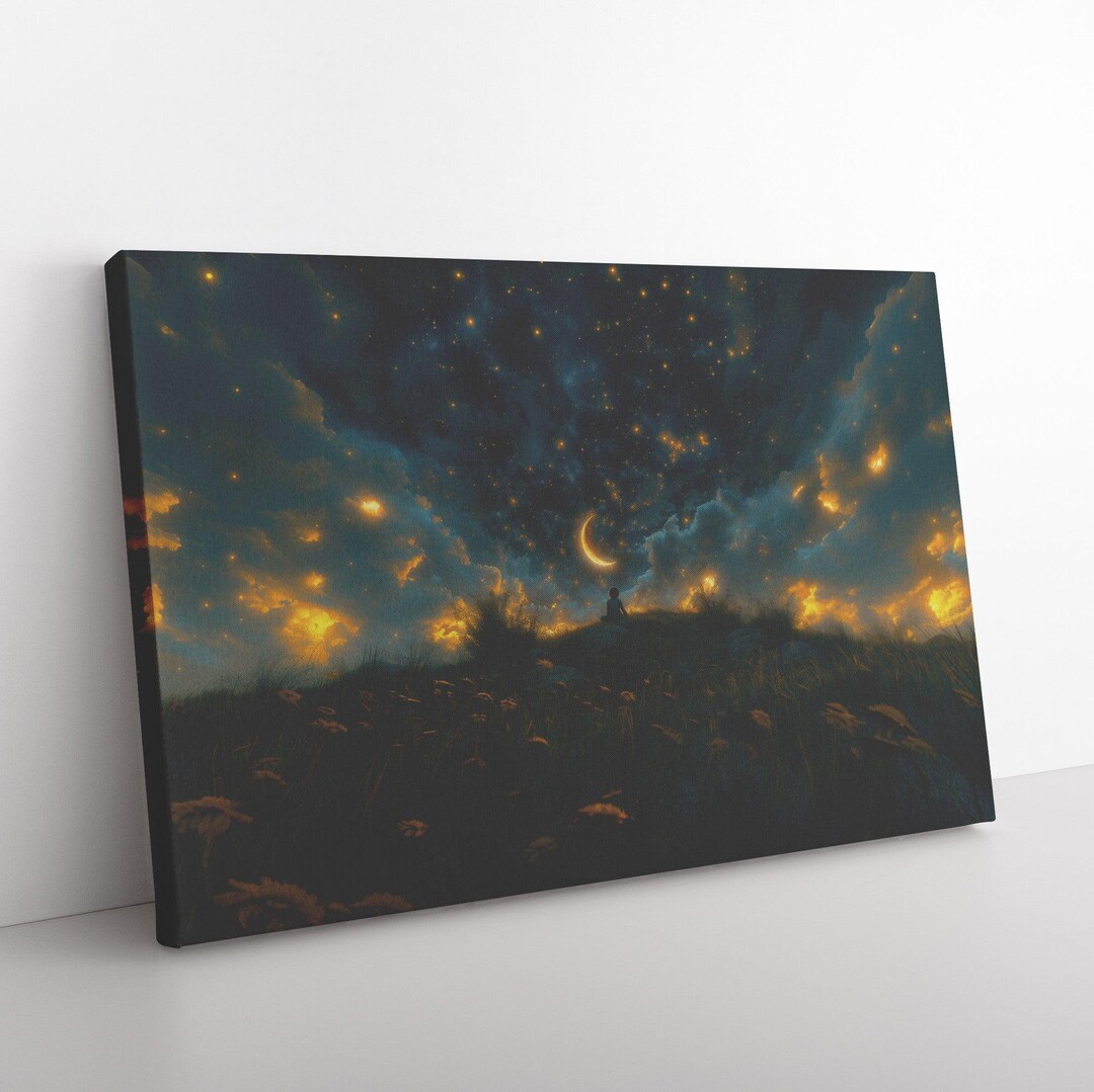 Child Praying Under Starry Night Sky With Crescent Moon and Glowing ...