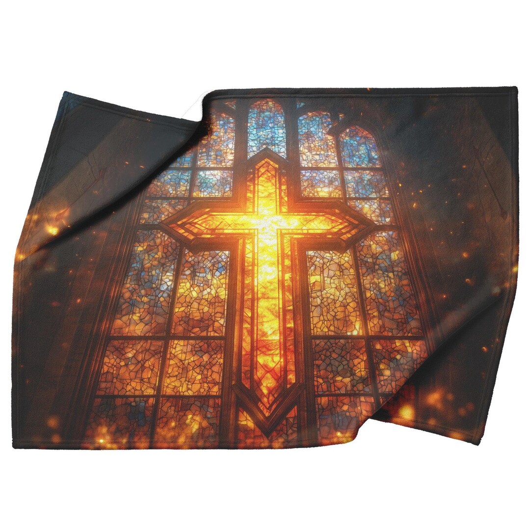 Radiant Stained Glass Cross Window Design Fleece Sherpa Blanket ...
