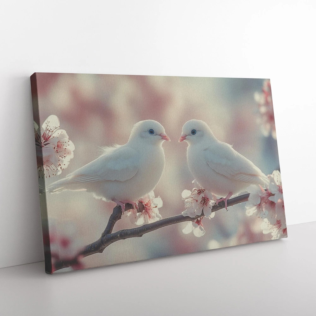 Two White Doves on Cherry Blossom Branch With Love Canvas Wall Art ...