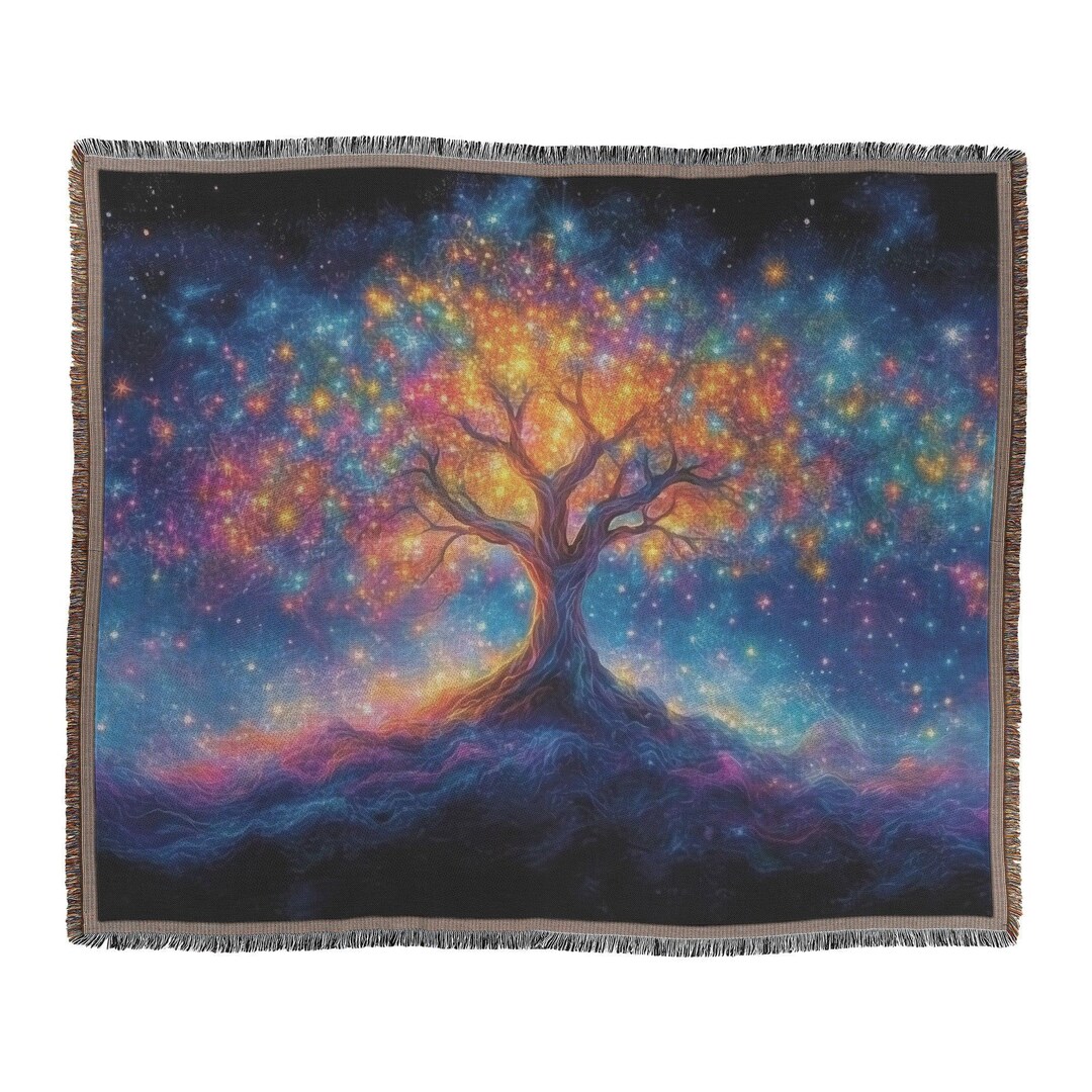 Starry Night Tree of Life Woven Throw Blanket Vibrant Celestial ...