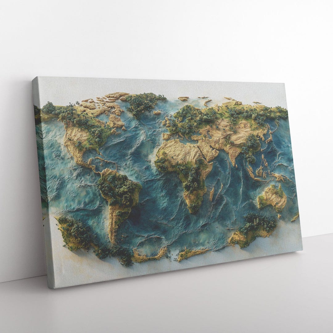 Textured World Map With Lush Greenery and Blue Oceans Canvas Wall Art ...