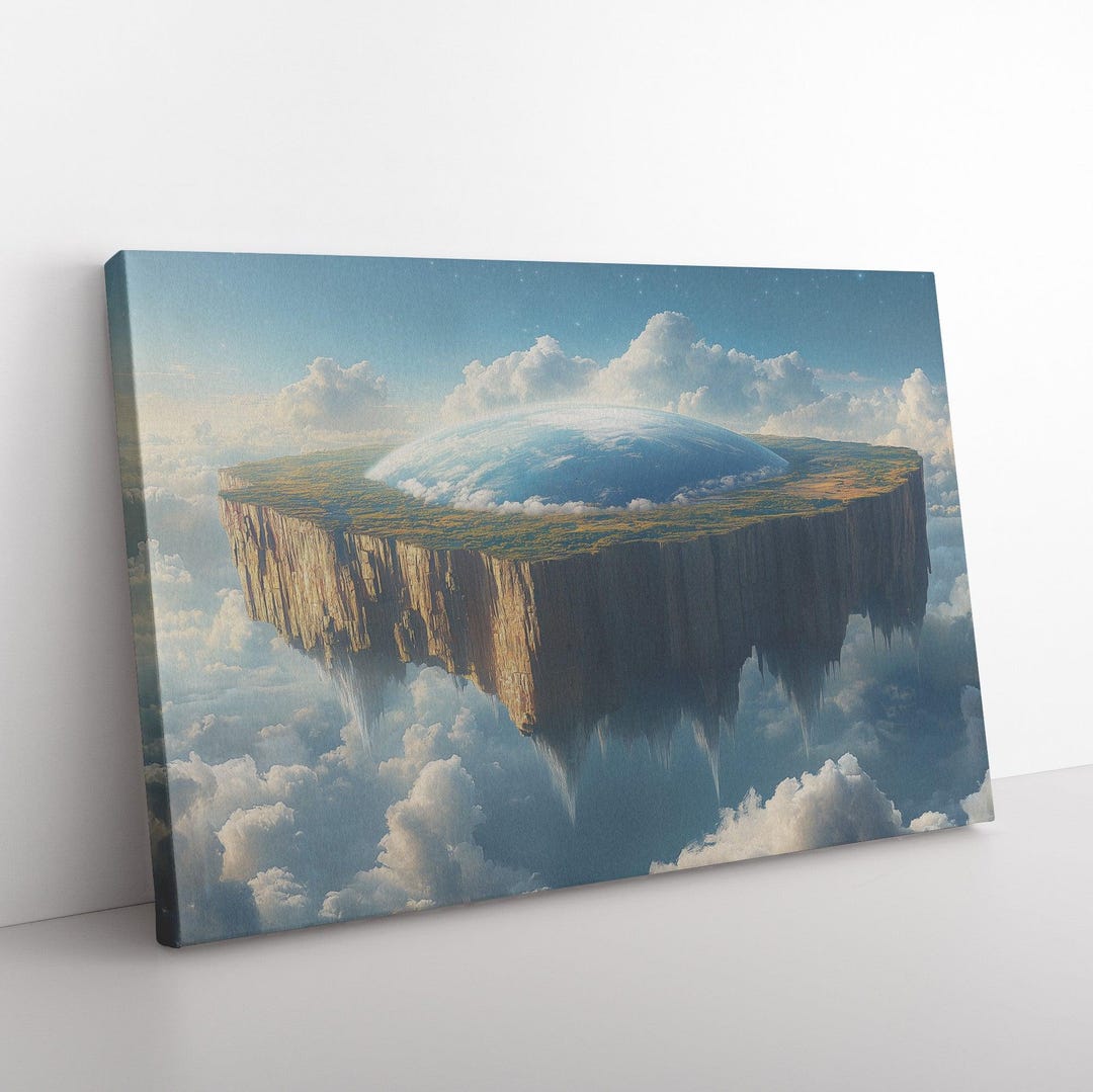 Flat Earth With Firmament on Lush Green Rock Surrounded by Clouds ...
