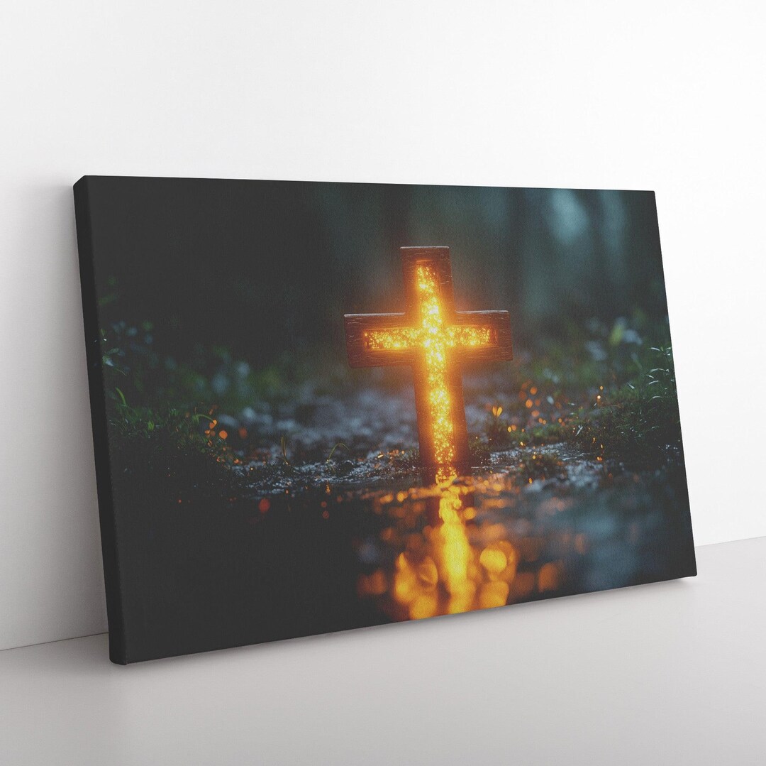 Radiant Cross in Forest Reflection Christian Canvas Wall Art Decor ...