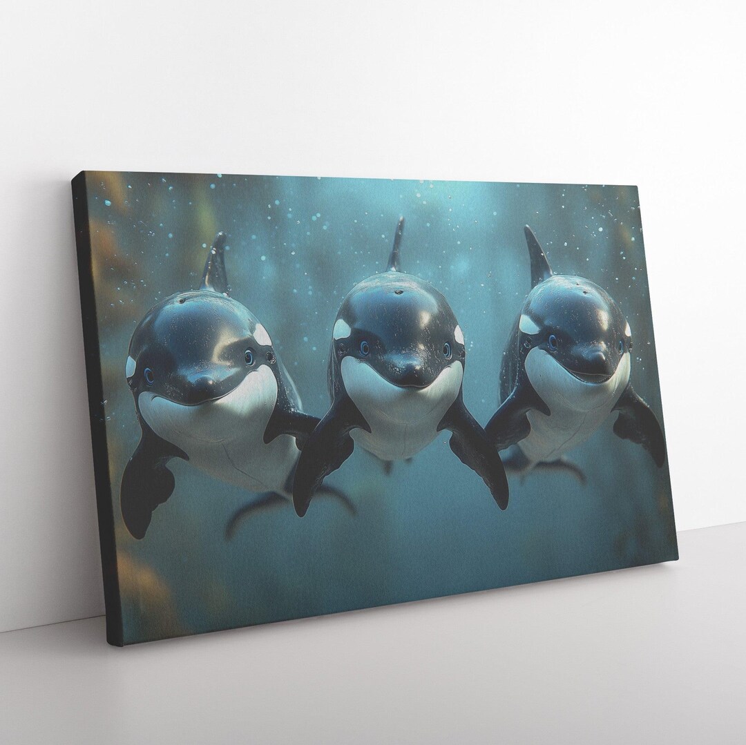 Three Cute Baby Orcas Smiling and Swimming Joyfully Underwater Canvas ...