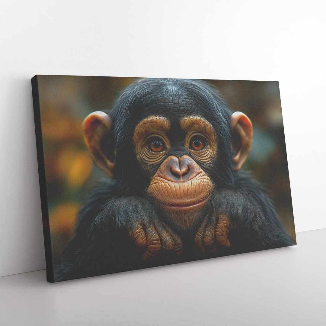 Cute Baby Chimpanzee With Big Eyes Smiling and Holding Chin Adorable ...