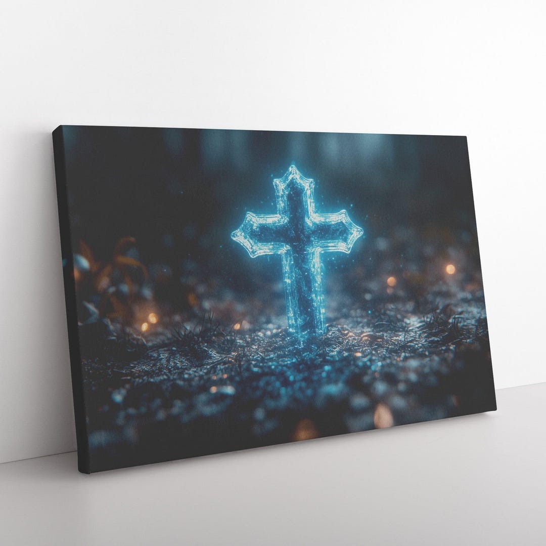 Radiant Blue Glowing Cross in Mystical Forest Christian Canvas Wall Art ...