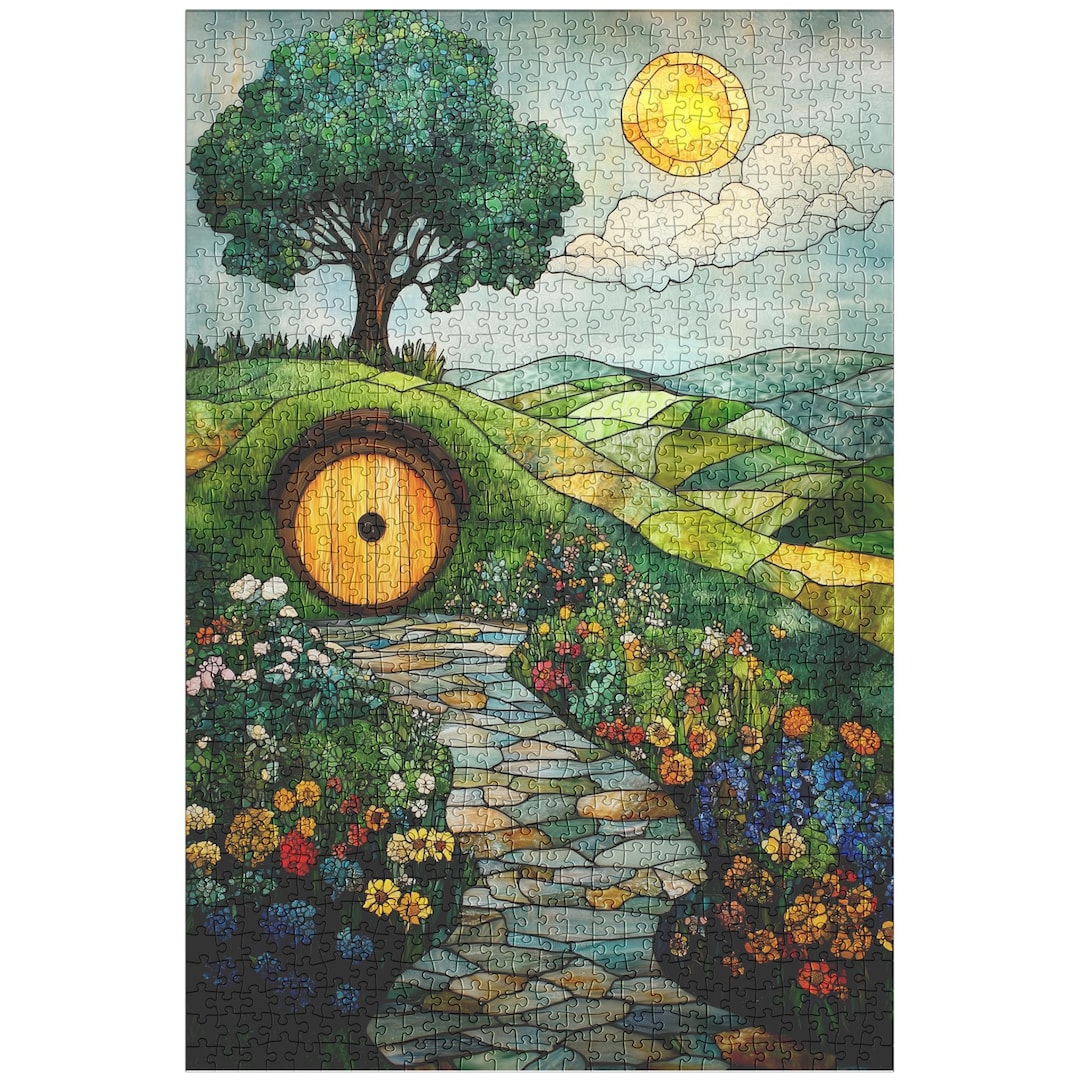 Lush Green Countryside Inspired by the Shire in Stained Glass Style ...