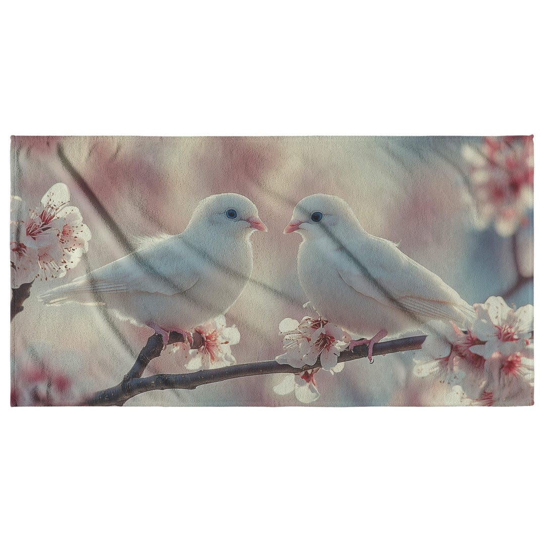 Elegant Doves on Cherry Blossom Branch Beach Towel for Nature Serenity ...