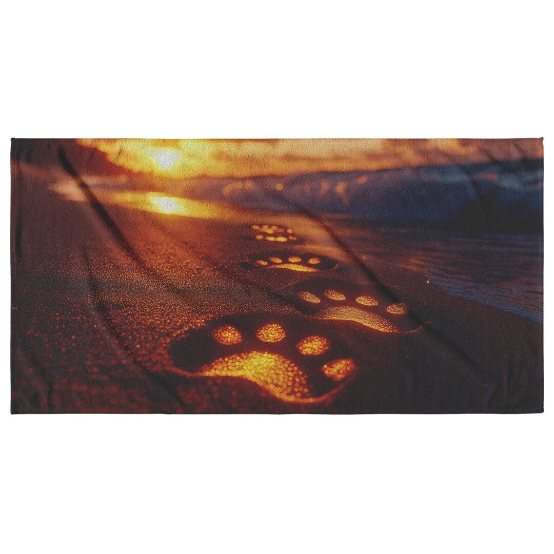 Golden Dog Paw Prints Glowing on Sandy Beach at Sunrise Waves Brushing ...