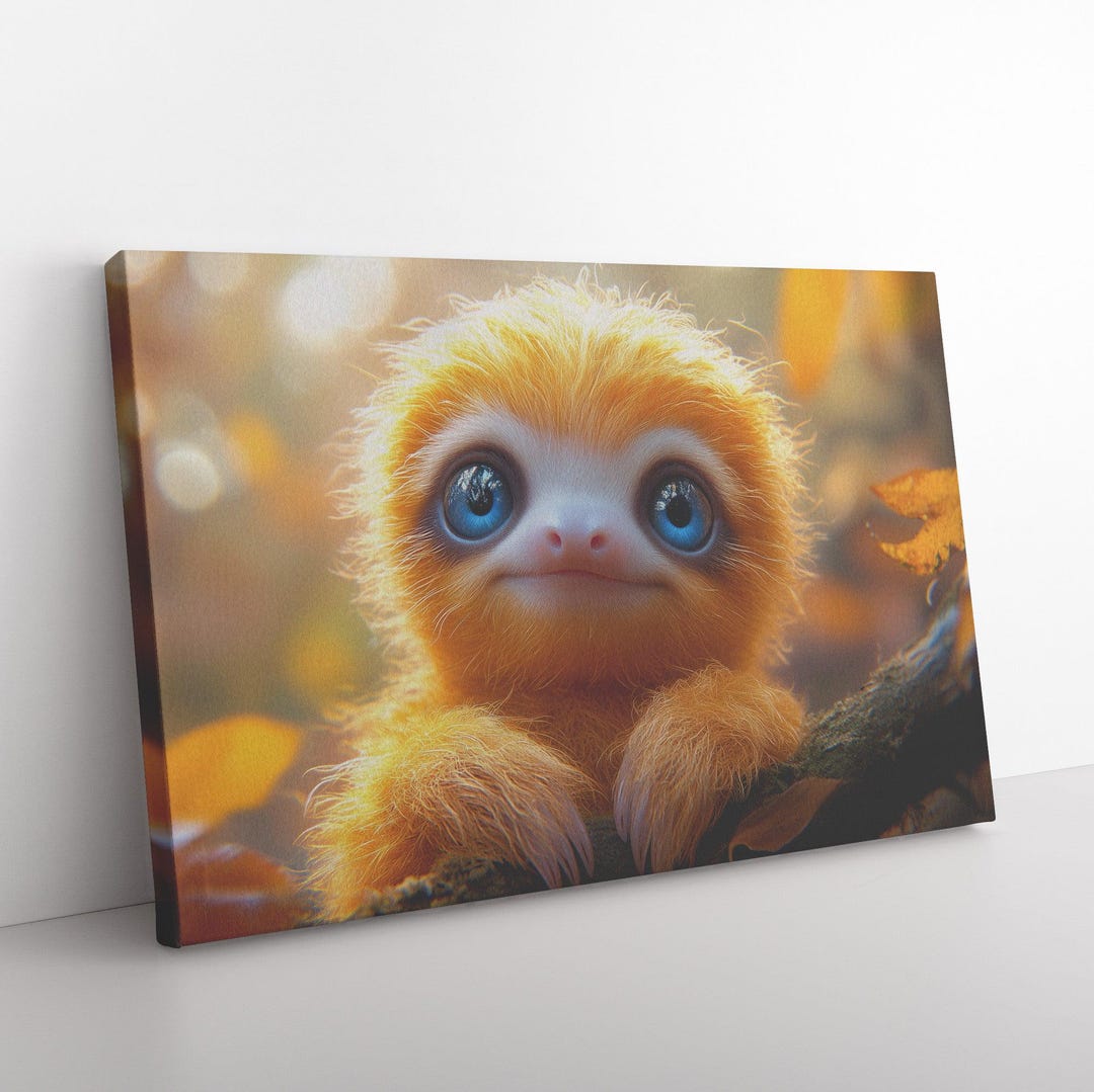Cute Baby Yellow Sloth With Blue Eyes and Fluffy Fur Sitting on Tree ...