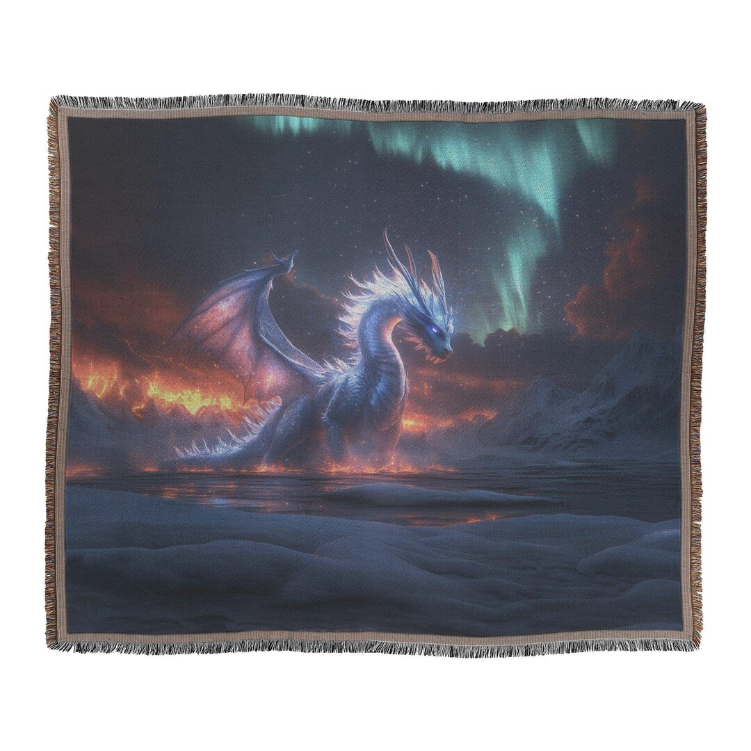 Mystical Ice Dragon With Glowing Snowflakes in Frozen Landscape Woven ...