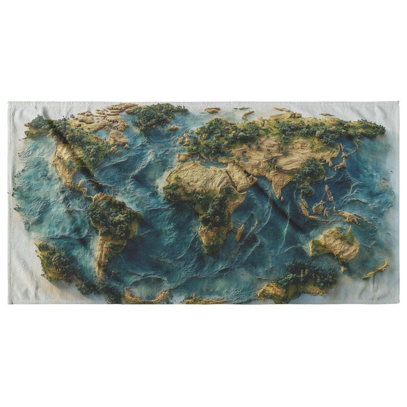 Artistic World Map Beach Towel Featuring Lush Forests Vibrant Oceans ...