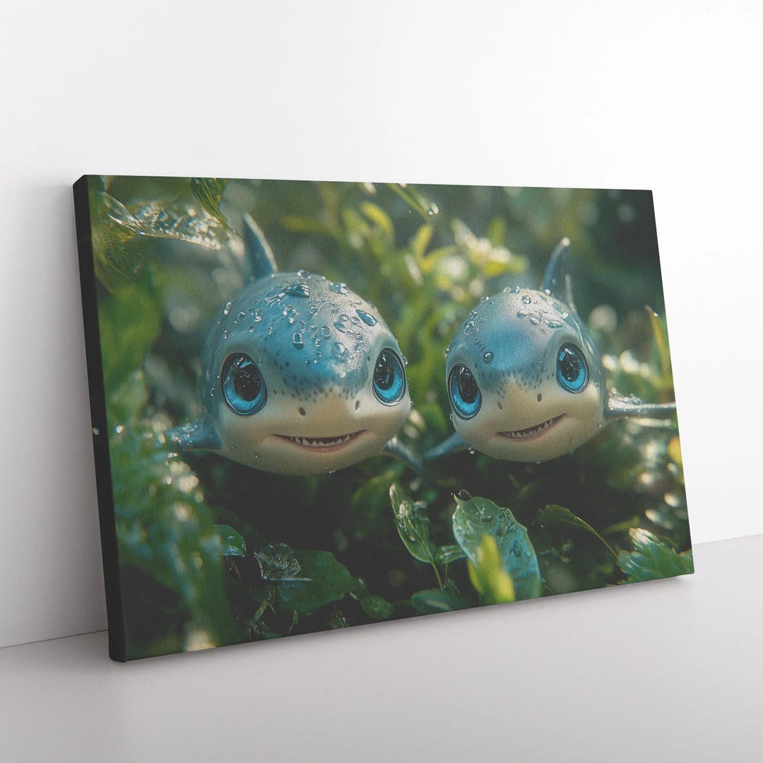 Adorable Baby Blue Sharks With Big Eyes in a Lush Garden Canvas Wall ...