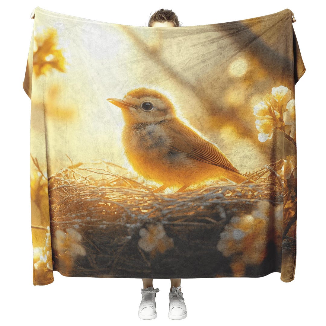 Baby Robin Sitting in Glowing Nest Surrounded by Soft Mist and Golden ...