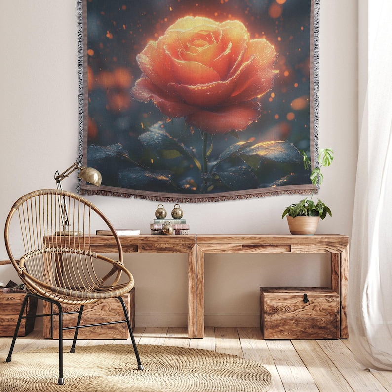 Glowing Red Rose With Golden Light and Mystical Sparks Woven Throw ...