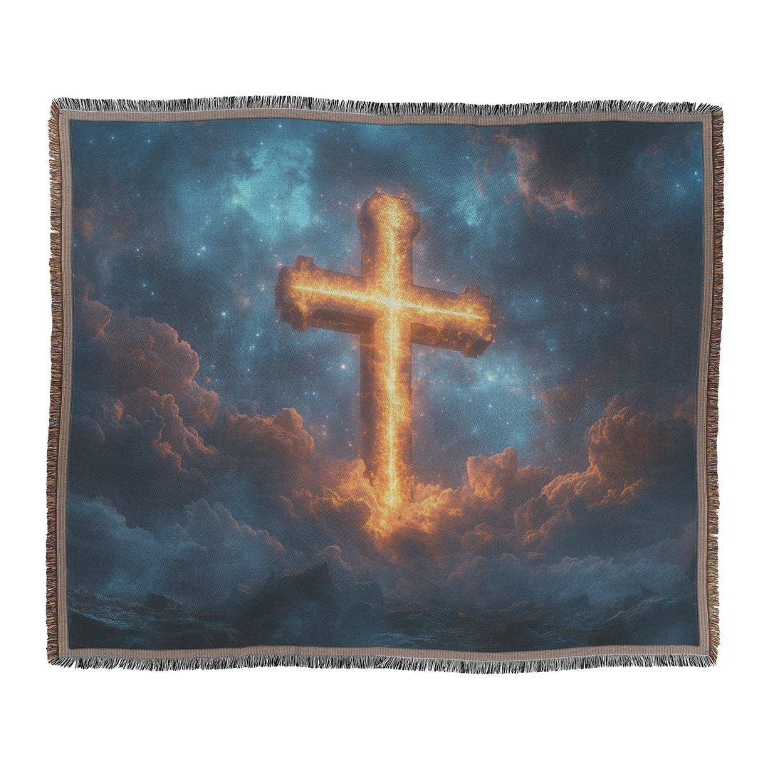 Fiery Glowing Cross in a Divine Sky Woven Throw Blanket for Inspired ...