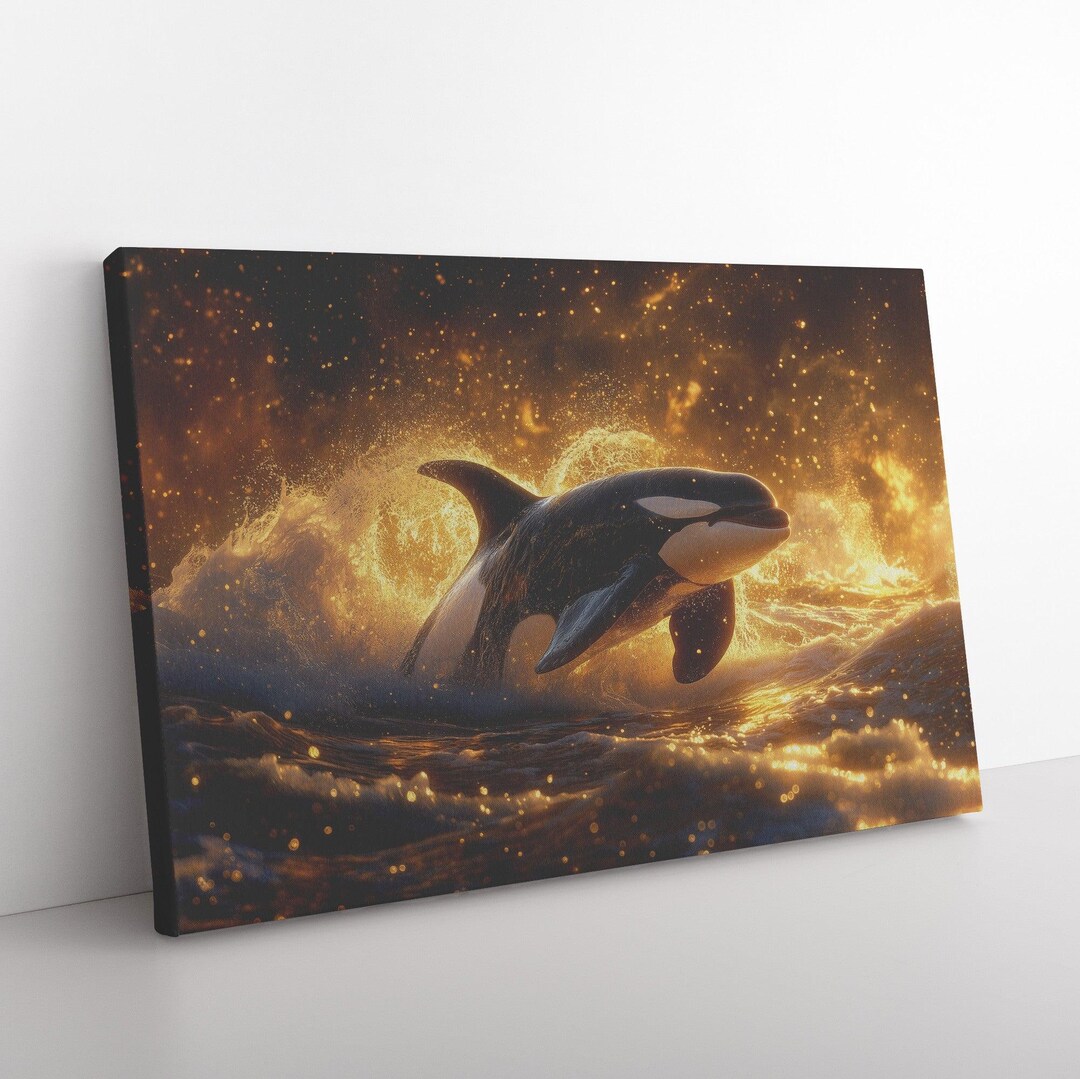 Orca Leaping Through Glowing Ocean Waves With Golden Light Under ...