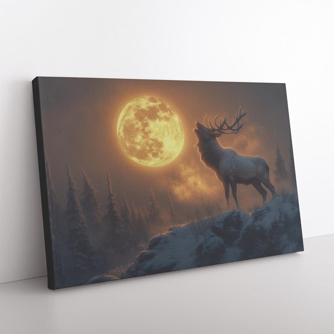 Powerful Elk Roaring on Glowing Snowy Hillside Under Full Moon With ...