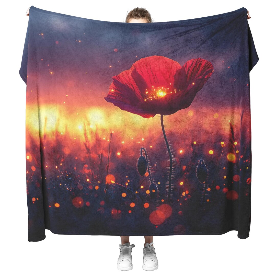 Glowing Red Poppy With Sunset Sky Light Trails Fireflies and ...