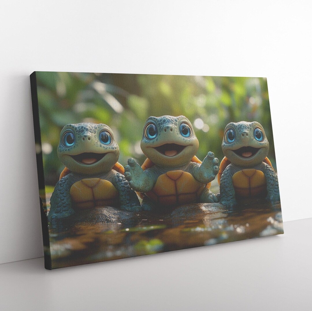 Three Cute Baby Turtles Smiling on Rocks in Forest Canvas Wall Art ...