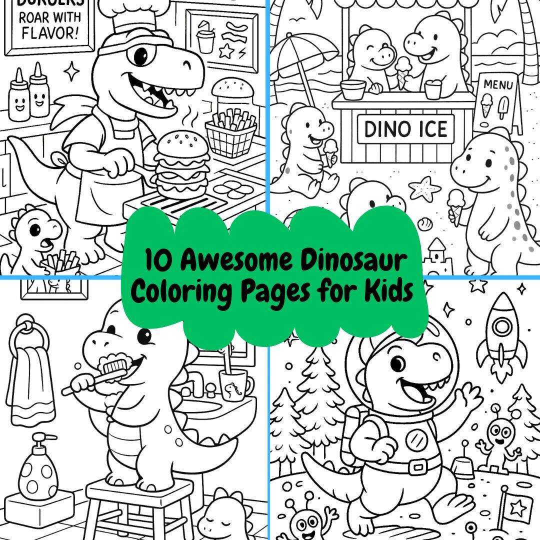 Awesome Dinosaur Coloring Pages for Kids - 10 Fun Printable PDF Bundle ...