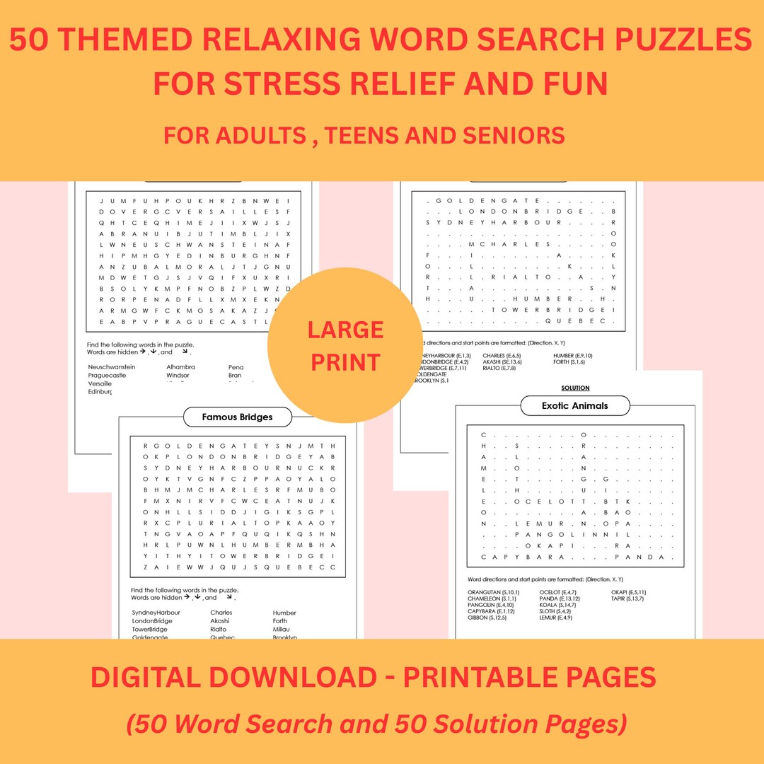 Large Print Word Search Puzzles With Solutions: Relaxing Brain Games ...