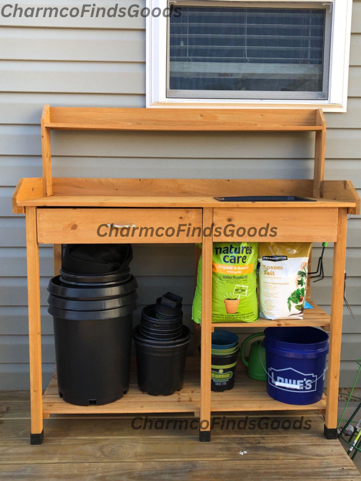 Wooden Outdoor Potting Bench: Garden Work Station With Sink & Shelves ...