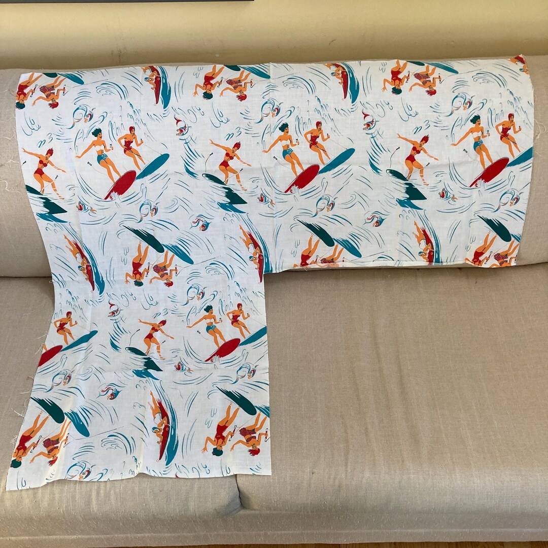 Vintage Retro Surf Surfer Cotton Fabric 1 Yard Irregular Cut Surfboard ...