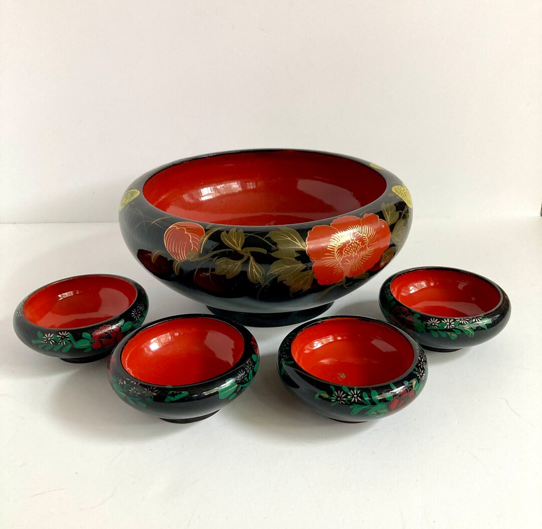 Vintage Japanese Handpainted Lacquerware 5 Piece Wood Bowl Set Black W ...