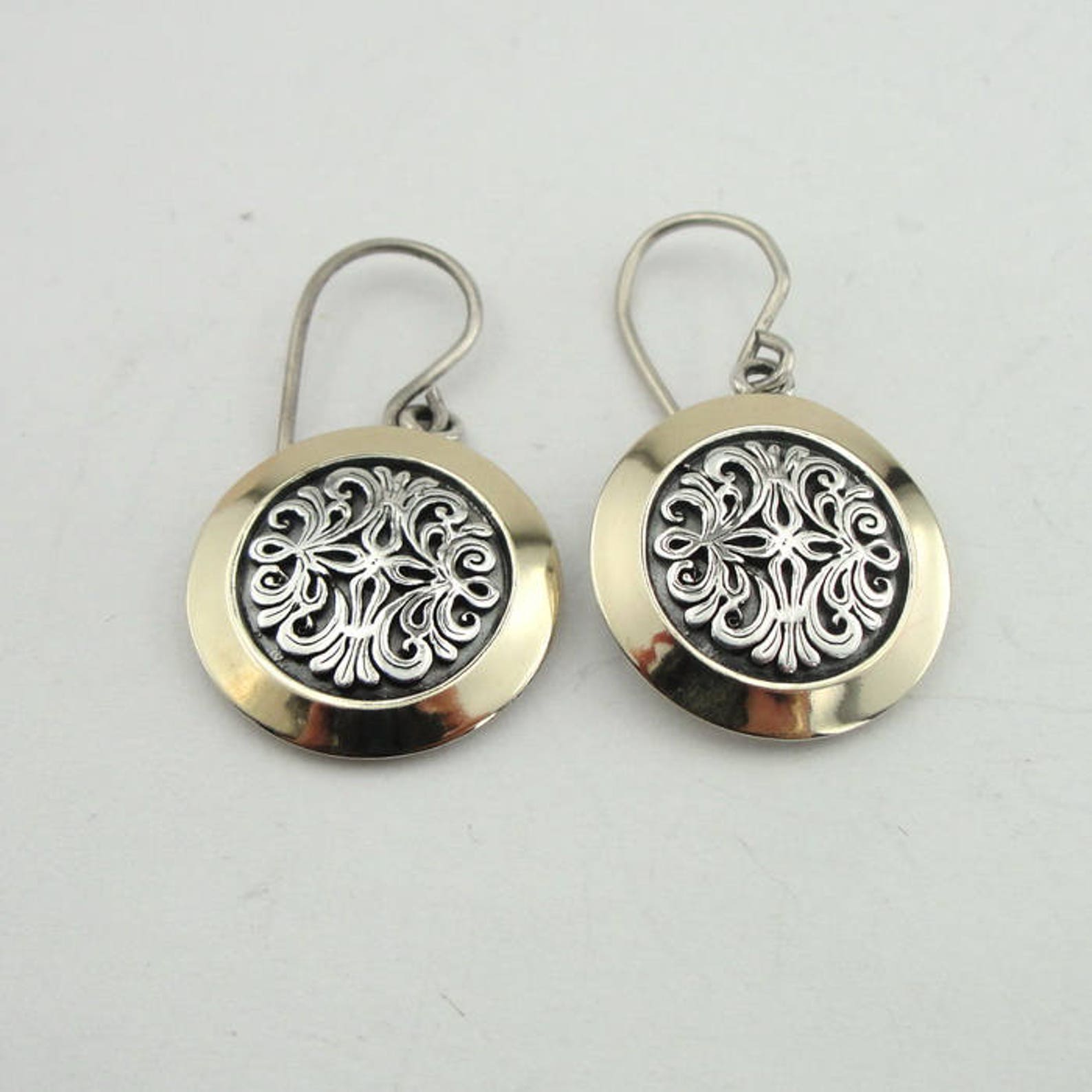 Round Silver Earrings, 925 Sterling Silver 9K Yellow Gold Earrings ...