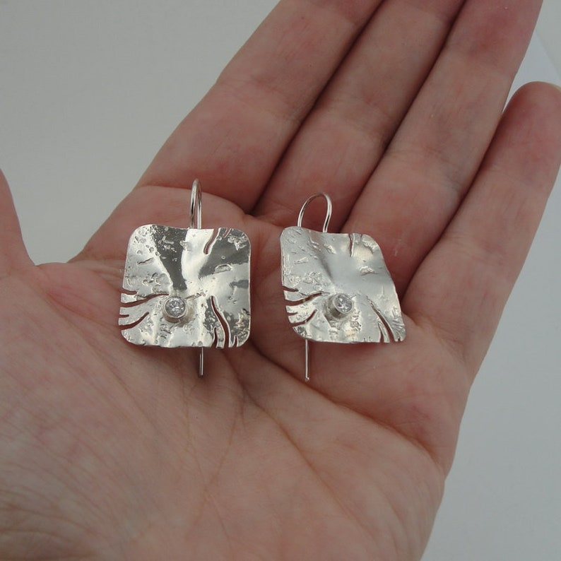 Handmade 925 Sterling Silver Textured Earrings White Stone - Etsy