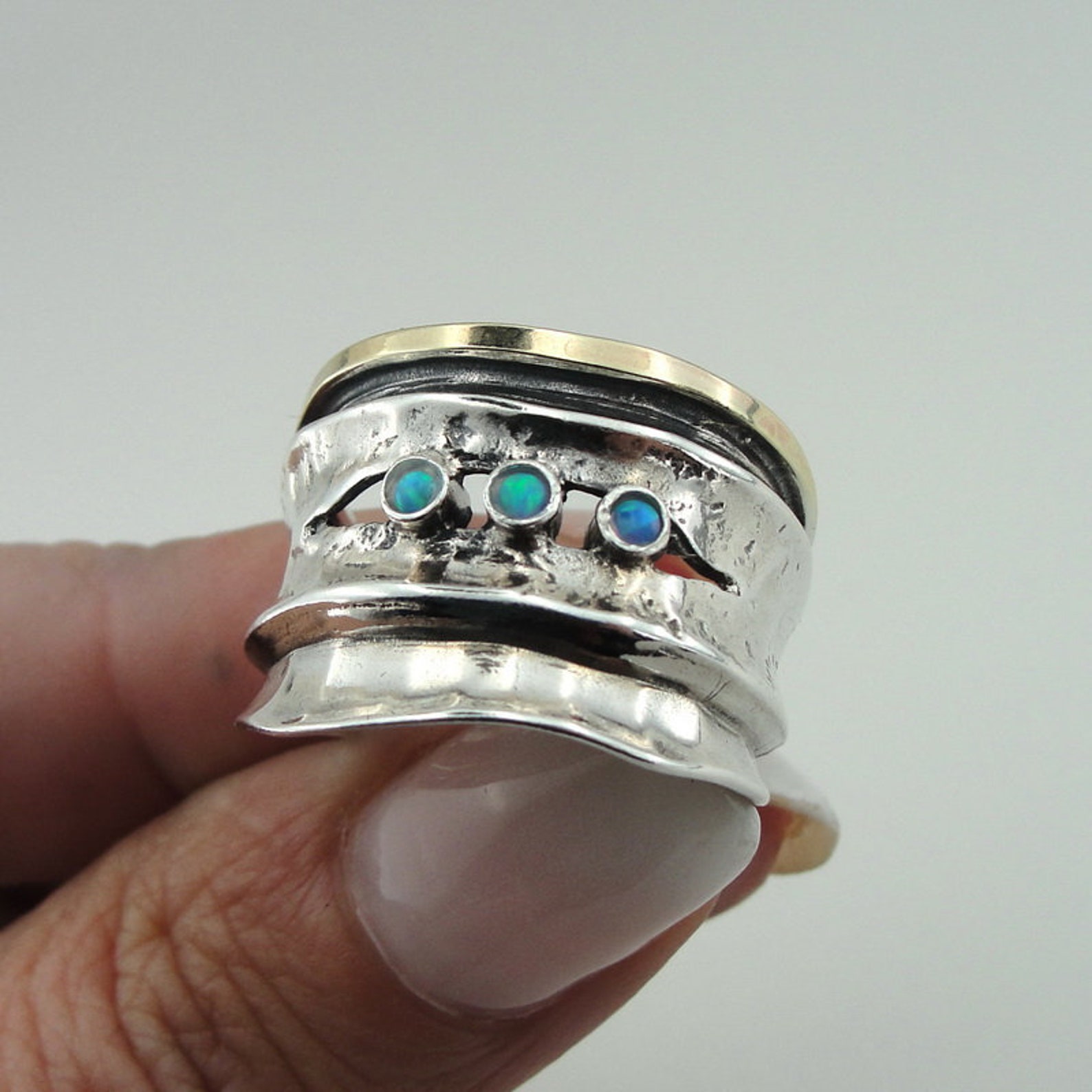 Opal Silver Ring 925 Sterling Silver and 9k yellow gold ring | Etsy