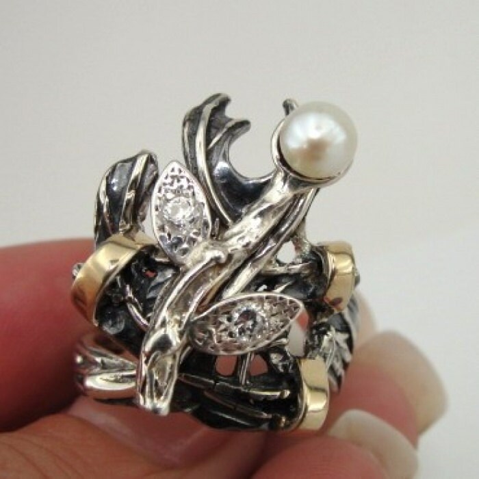 Fine Beautiful Silver 9K Yellow Gold Pearl CZ Ring Size 8 | Etsy