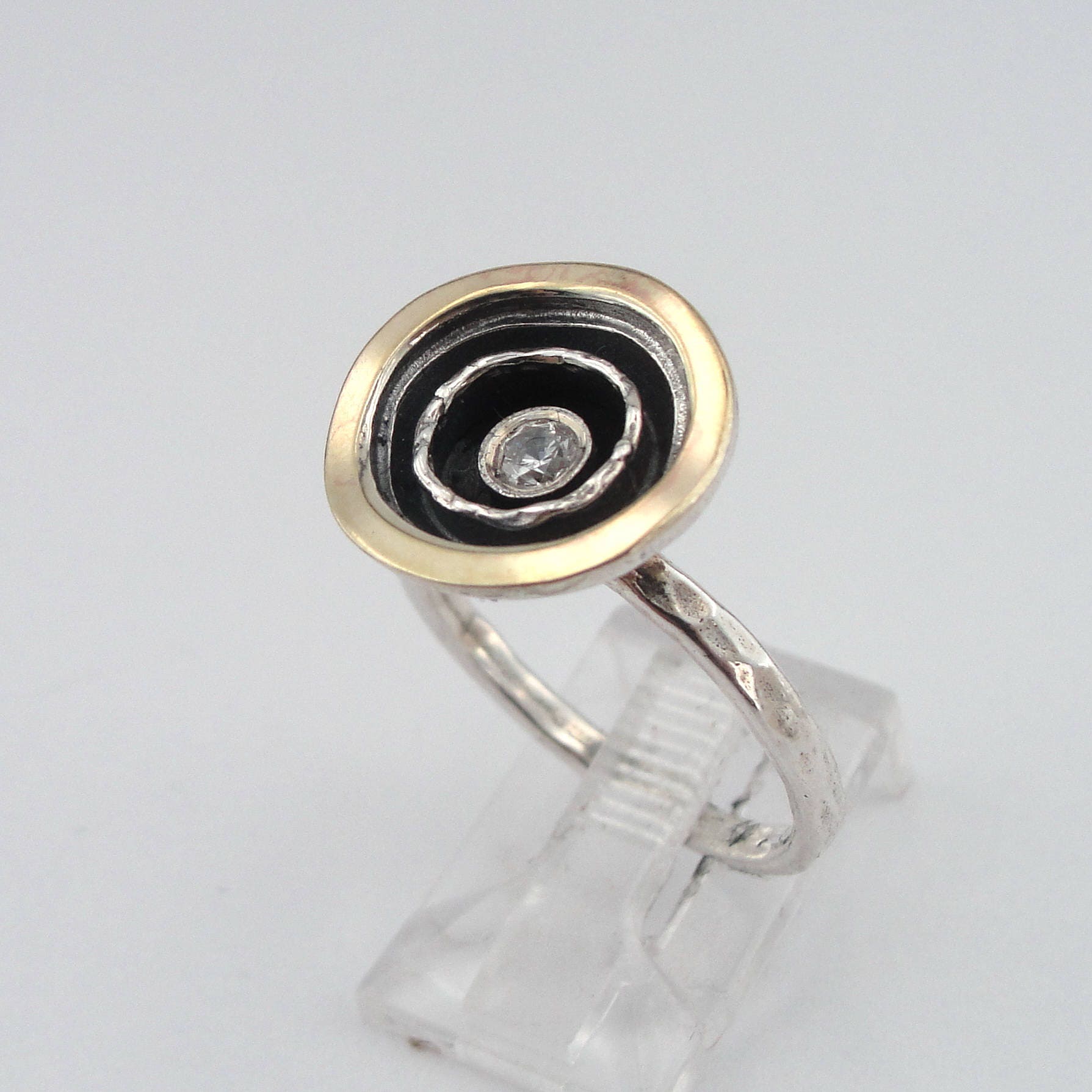 CZ 925 sterling Silver and 9K yellow gold ring Round Ring | Etsy