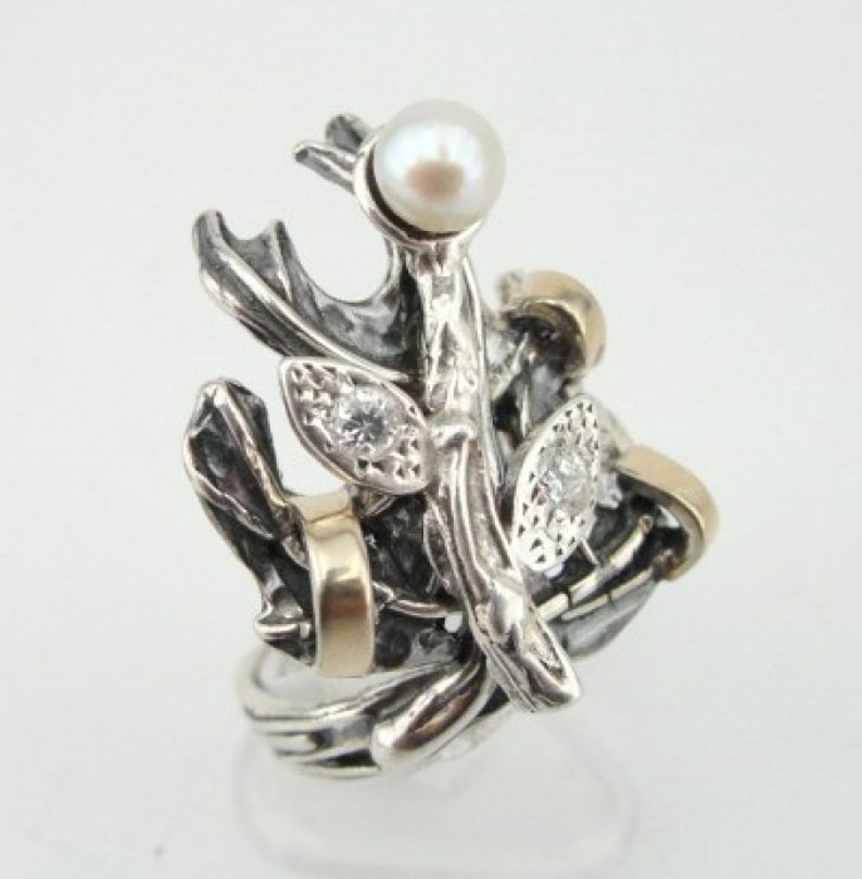 Fine Beautiful Silver 9K Yellow Gold Pearl CZ Ring Size 8 - Etsy