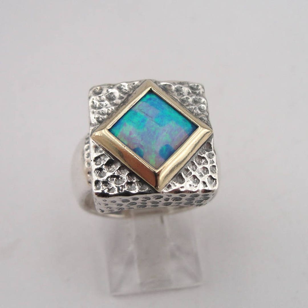 Square Opal Ring, 925 Sterling Silver and 9k Yellow Gold Ring, Blue ...