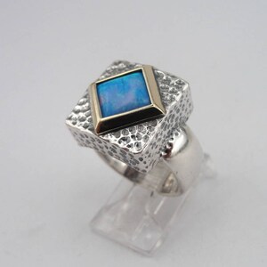 Square Opal Ring, 925 Sterling Silver and 9k Yellow Gold Ring, Blue ...