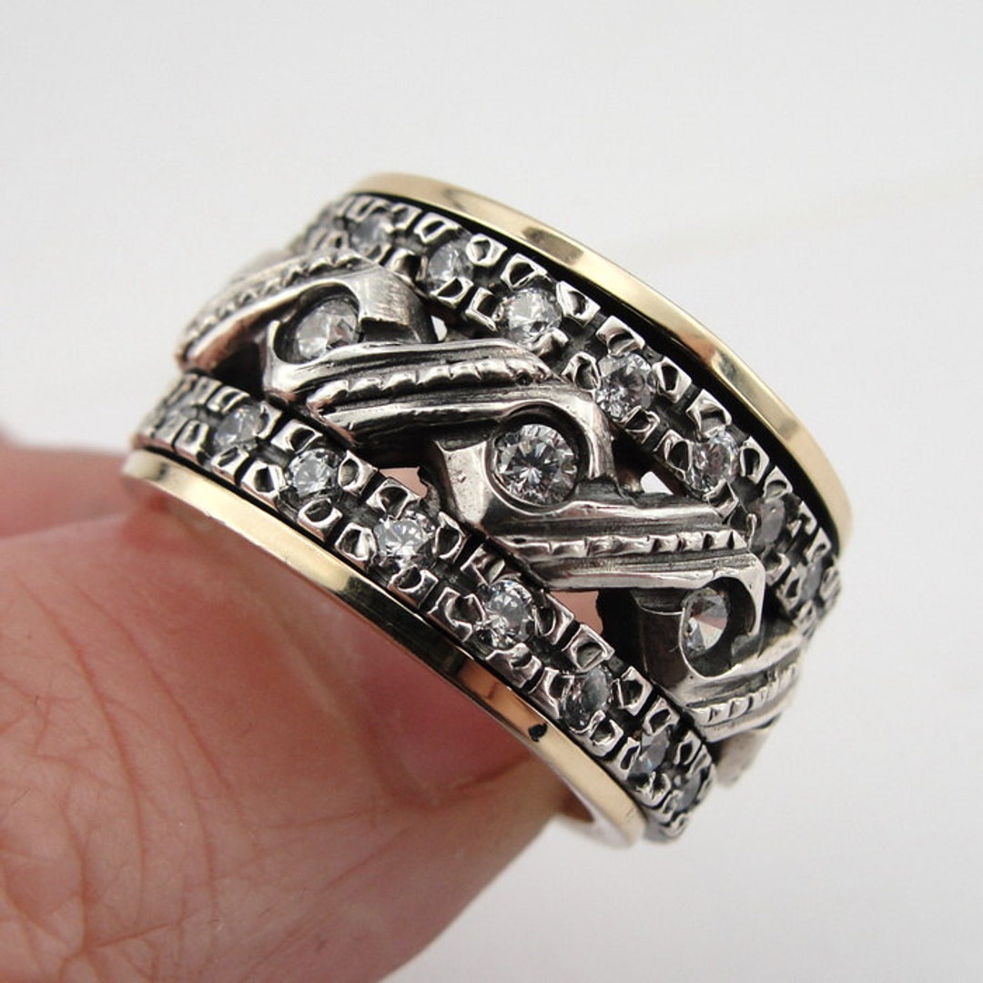 Spinner Gold Silver Ring, 9k Gold and Sterling Silver CZ Swivel Band ...