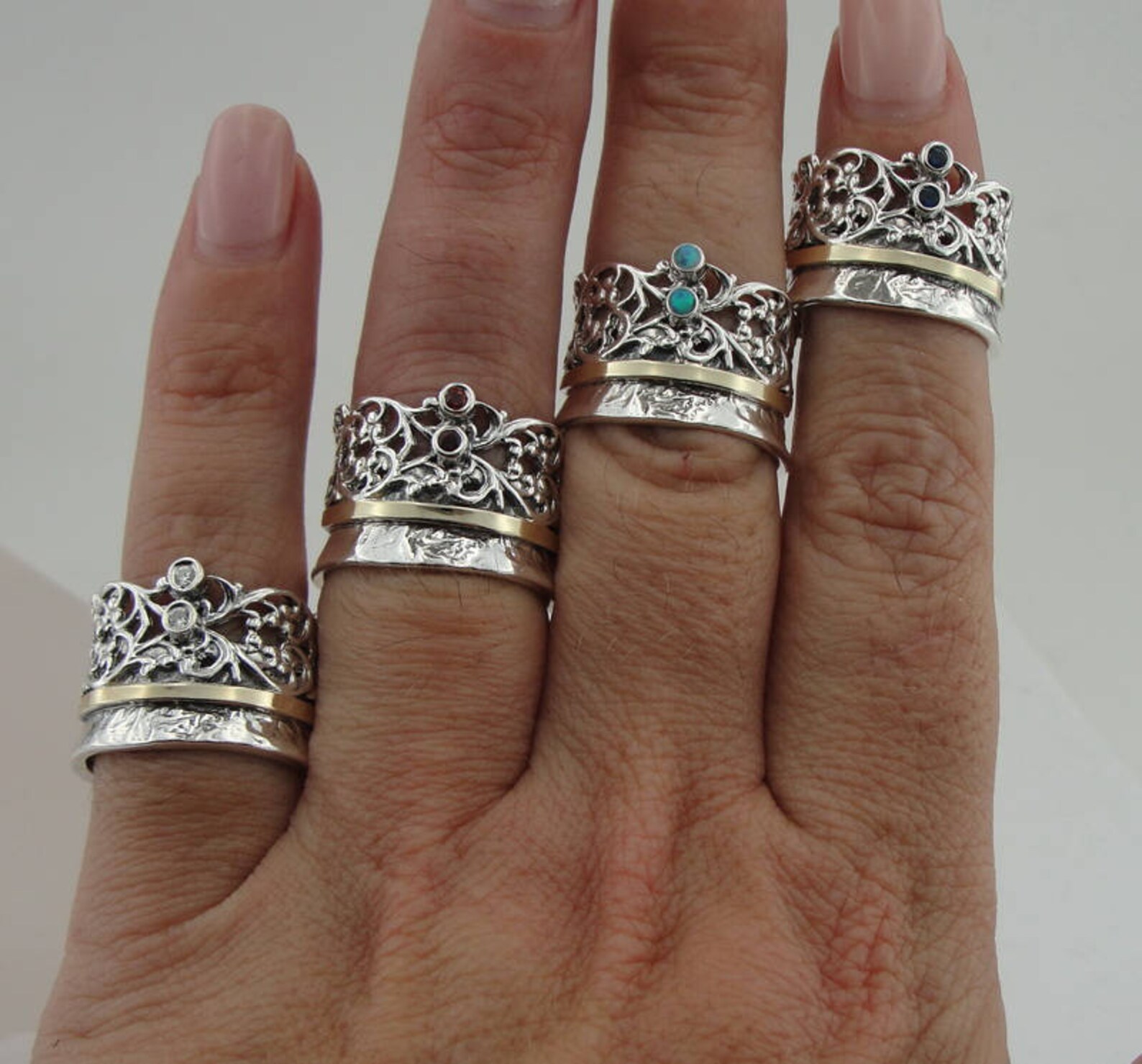 Blue Opal Filigree Ring 925 Silver & 9k Yellow Gold Ring | Etsy