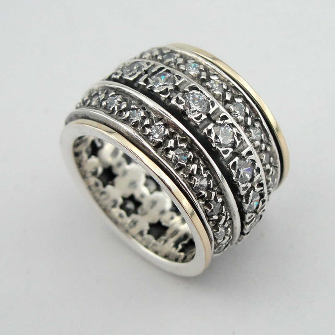 Swivel Gold Silver Ring 9k Gold Sterling Silver CZ Meditation - Etsy