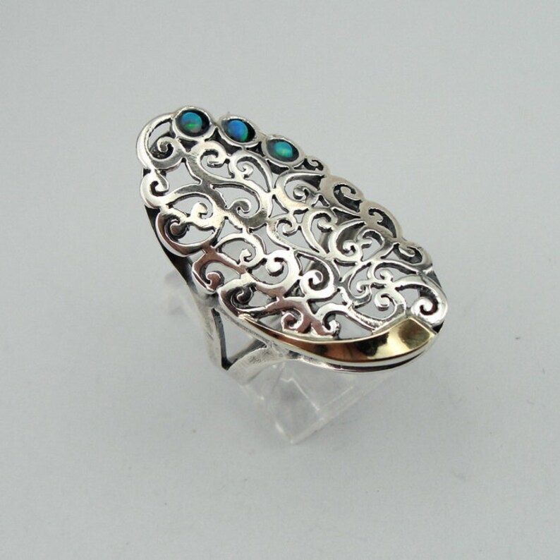 Opal ring 925 Sterling Silver and 9k yellow gold ring Long | Etsy