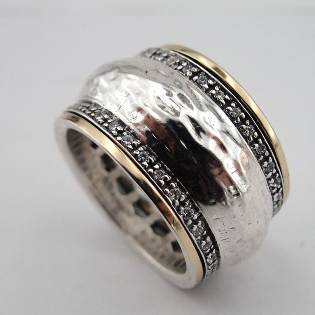 Swivel Gold Silver Ring 9k Gold Sterling Silver CZ Meditation - Etsy