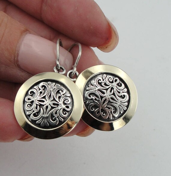 Round Silver Earrings 925 Sterling Silver 9K Yellow Gold - Etsy