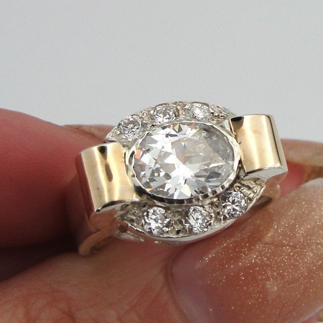 Handmade Zircon Silver Ring, 925 Sterling Silver 9K Yellow Gold Ring ...