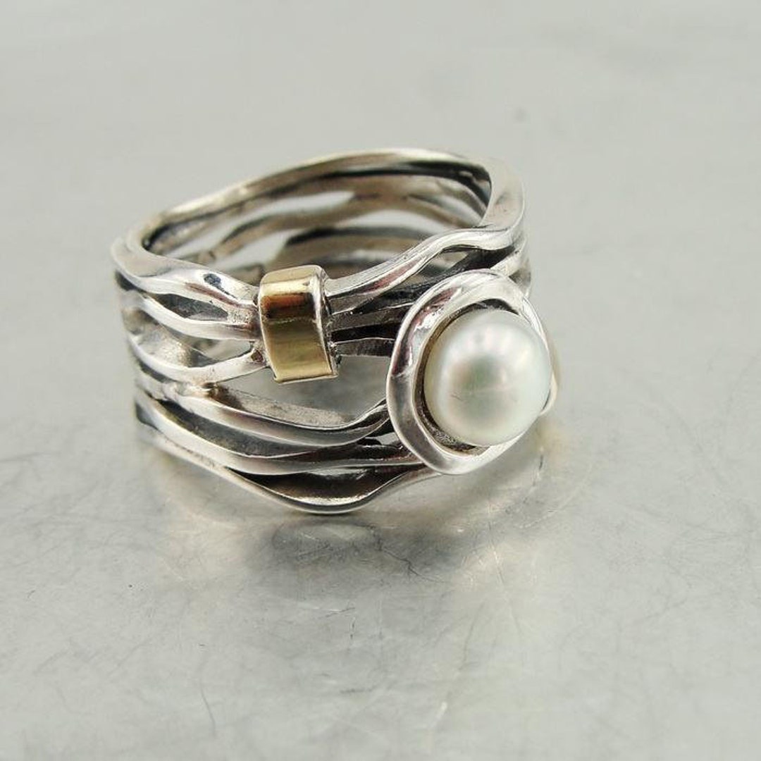 925 Silver Pearl Ring With 9K Gold Accent - Size 8 - Etsy