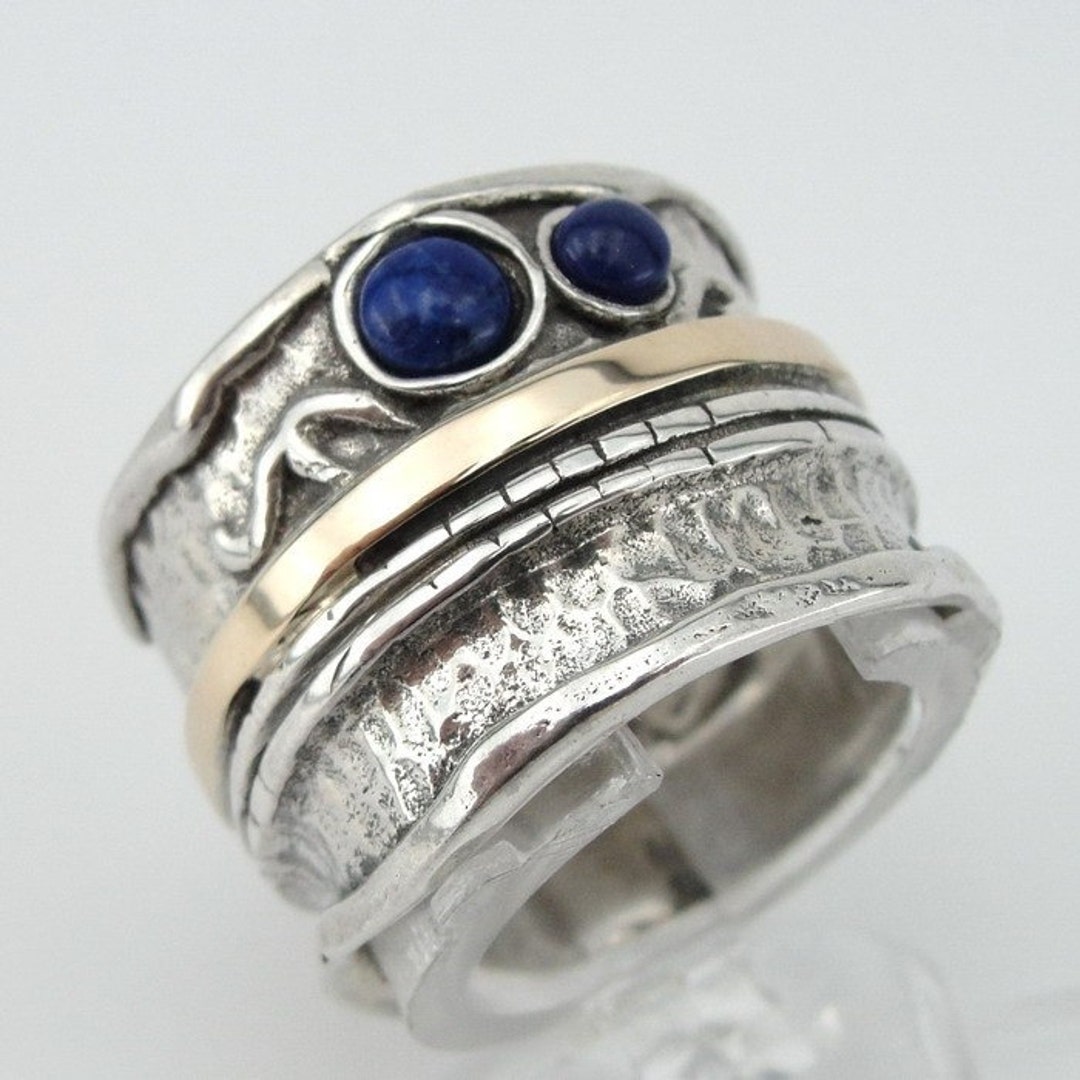 Lapis Ring, 925 Sterling Silver and 9K Yellow Gold Lapis Band Size 8 ...