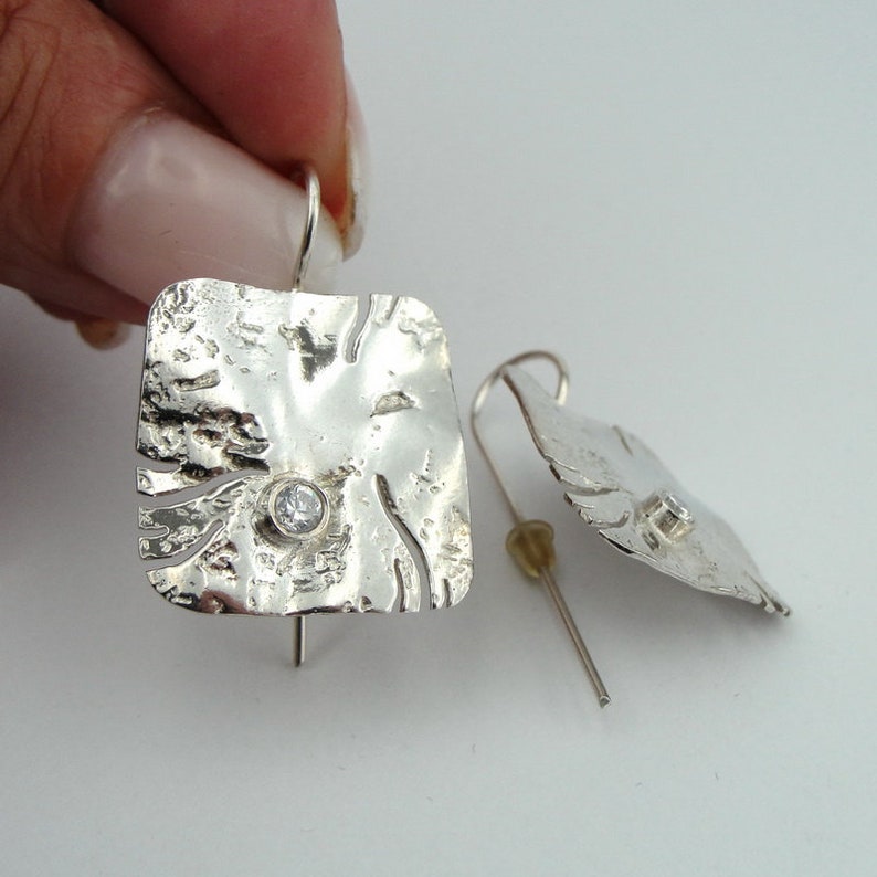 Handmade 925 Sterling Silver Textured Earrings White Stone - Etsy