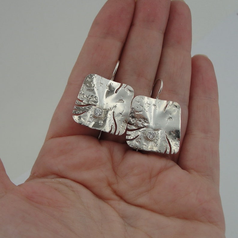 Handmade 925 Sterling Silver Textured Earrings White Stone - Etsy