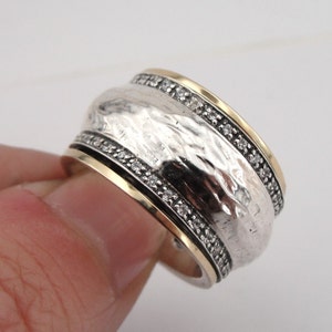 Swivel Gold Silver Ring 9k Gold Sterling Silver CZ Meditation - Etsy