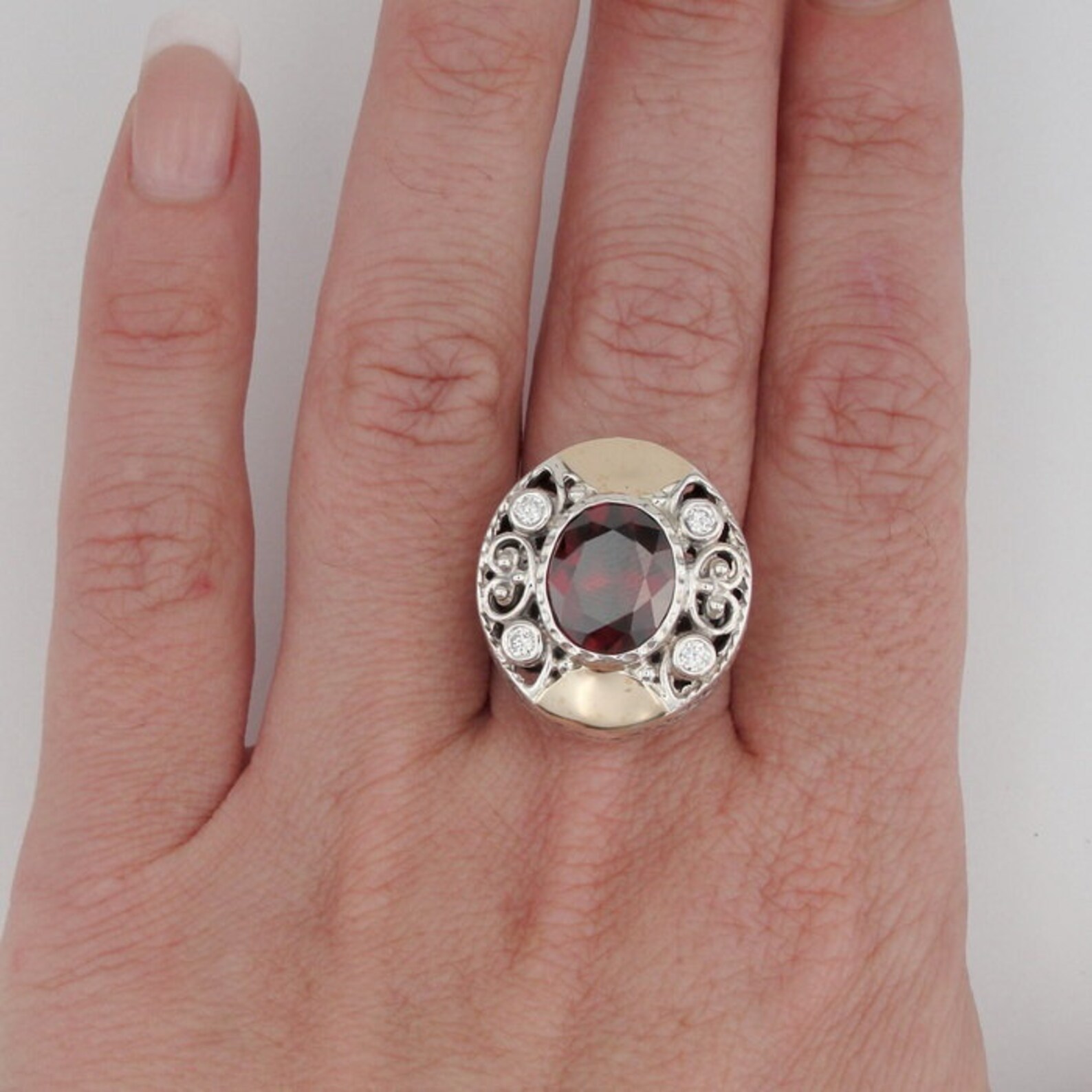 Vintage 9K Yellow Gold Sterling Silver Garnet Ring Size 8 s - Etsy